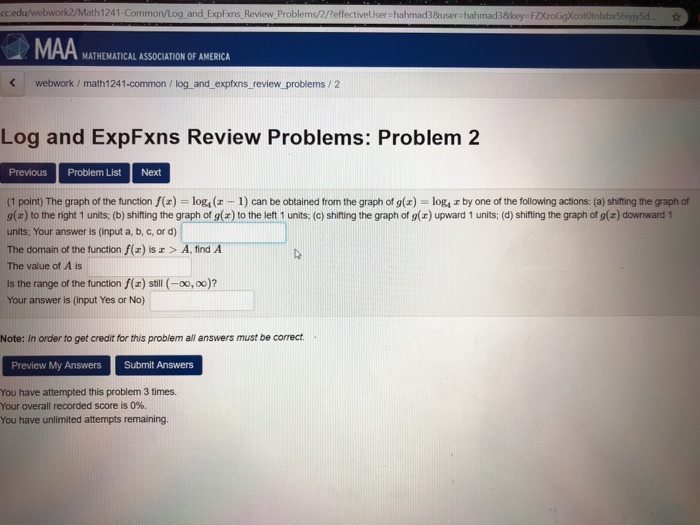 Solved edu/webwork2/Math 1241-Common/Log and ExpFxns Review | Chegg.com
