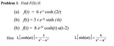 Solved Problem 1: Find F(S) if: (a) f(t) = 6 e' cosh (2t) | Chegg.com