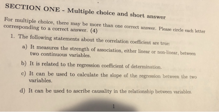 Solved SECTION ONE Multiple choice and short answer For | Chegg.com