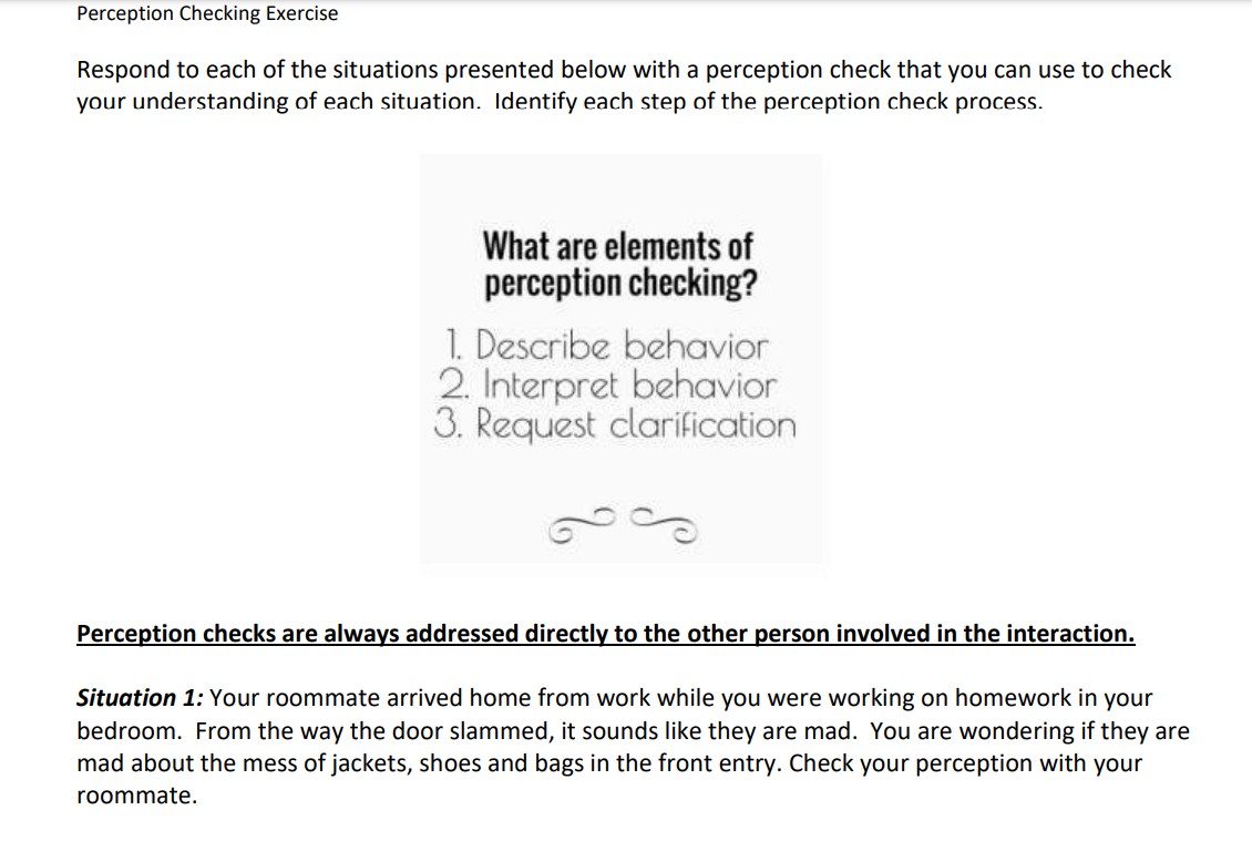 Perception Checking Exercise Respond to each of the | Chegg.com