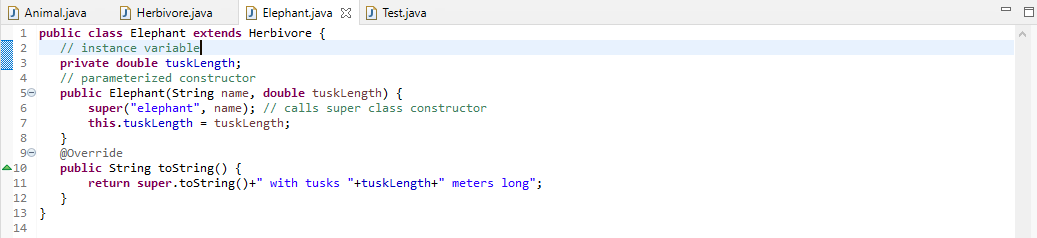 Animal.java X Herbivore.java Elephant.java Test.java | Chegg.com