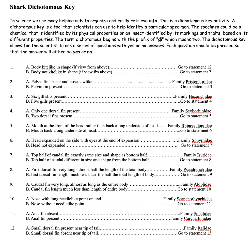 Solved Shark Dichotomous Key In science we use many helping | Chegg.com