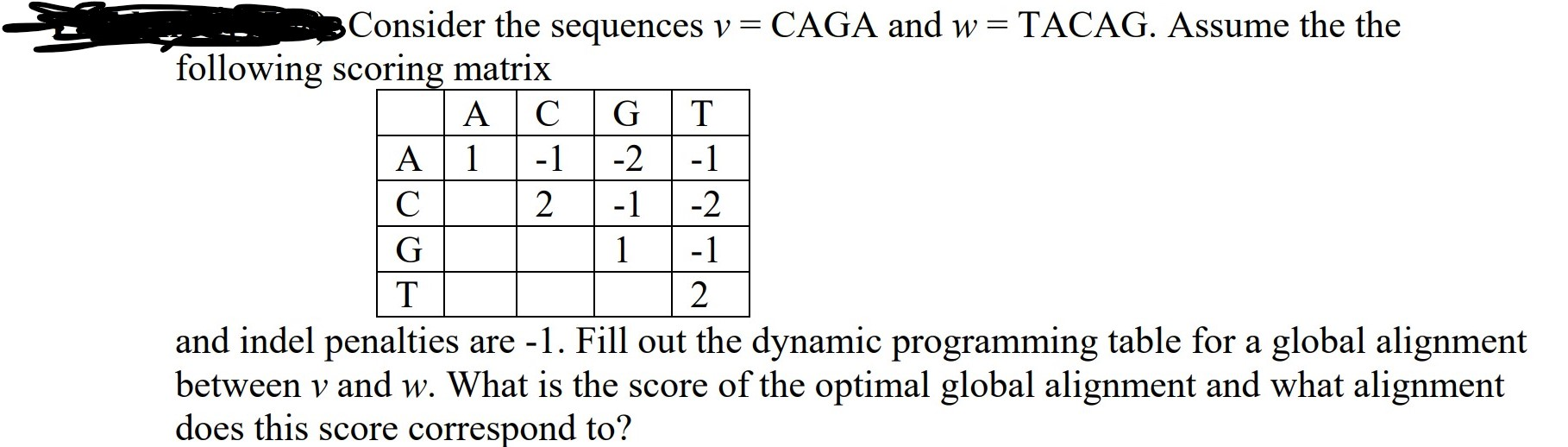 Consider the sequences v=CAGA and w=TACAG. Assume the | Chegg.com