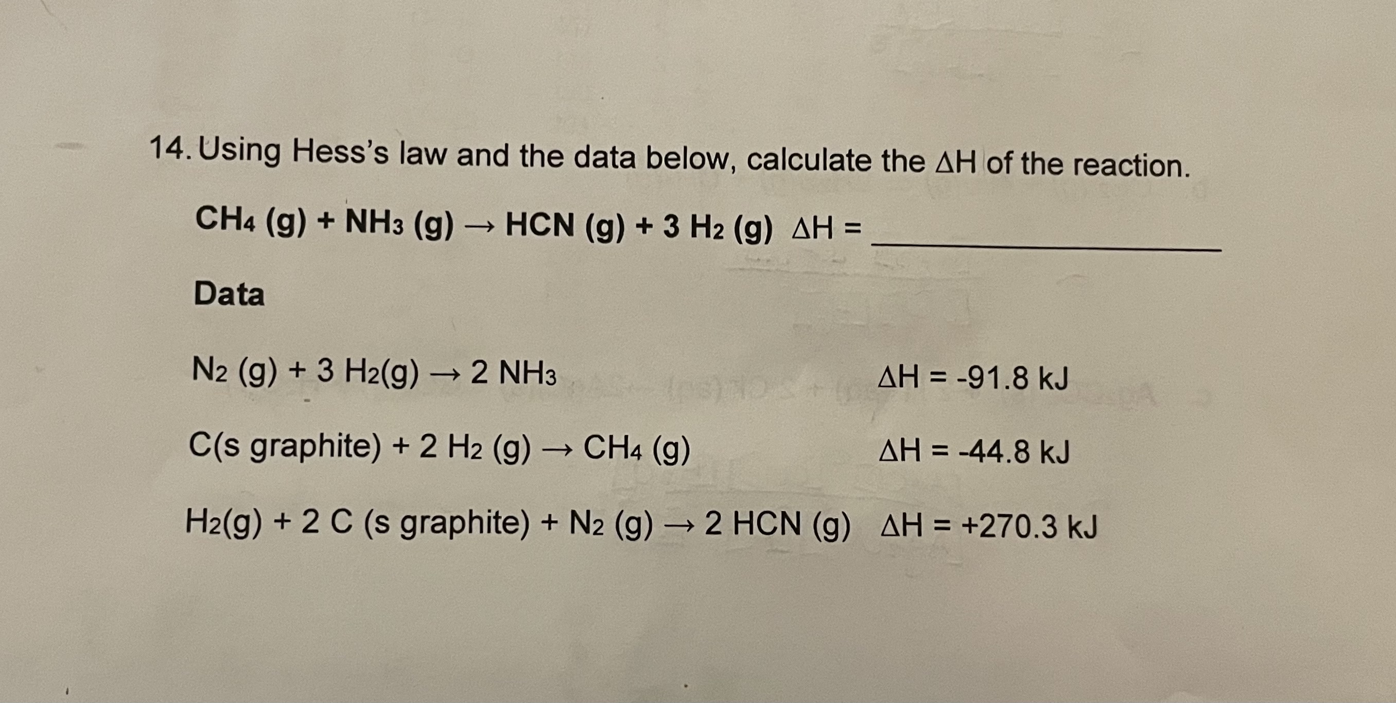 14. Using Hess's law and the data below, calculate | Chegg.com