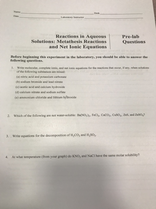 Solved Name Date Laboratory Instructor Reactions in Aqueous | Chegg.com