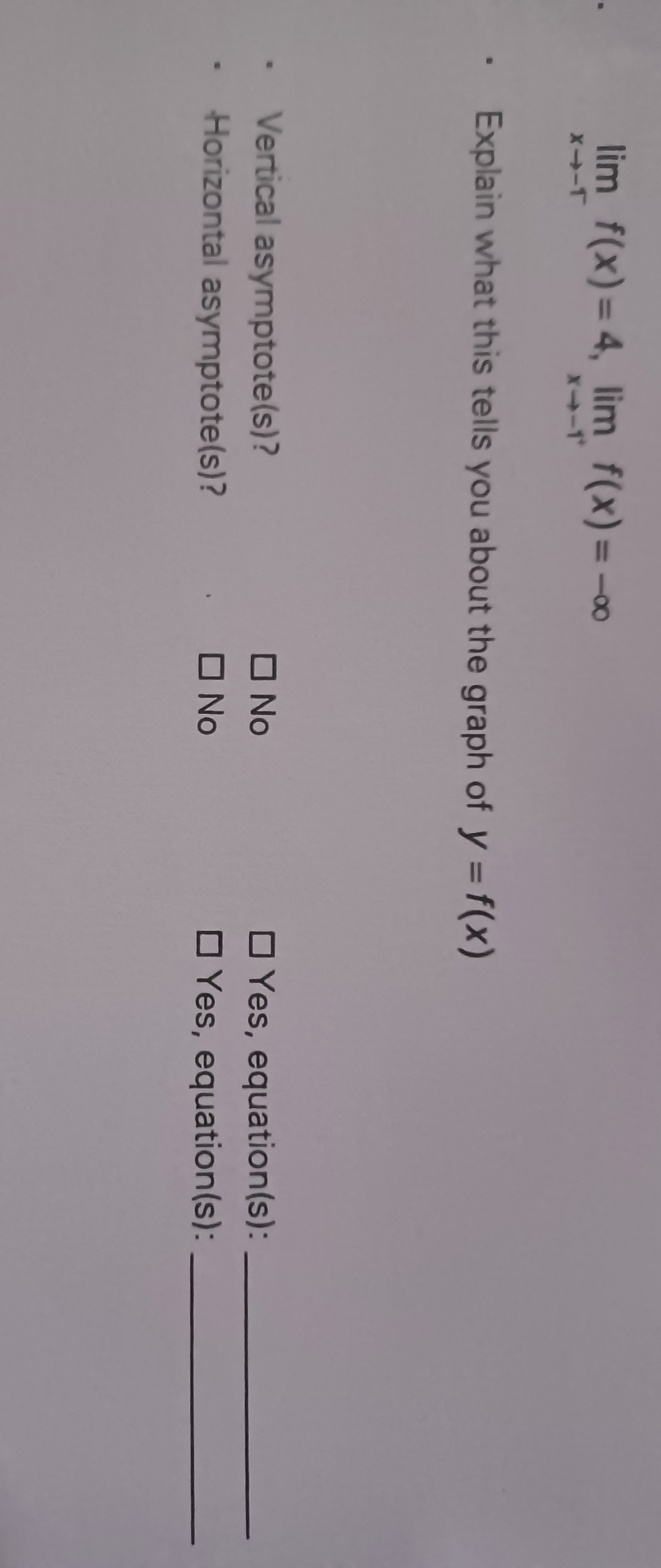 Solved \\[ \\lim _{x \\rightarrow-1^{-}} f(x)=4, \\lim _{x | Chegg.com