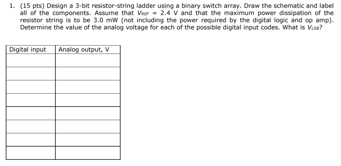 Solved 1. (15 pts) Design a 3-bit resistor-string ladder | Chegg.com