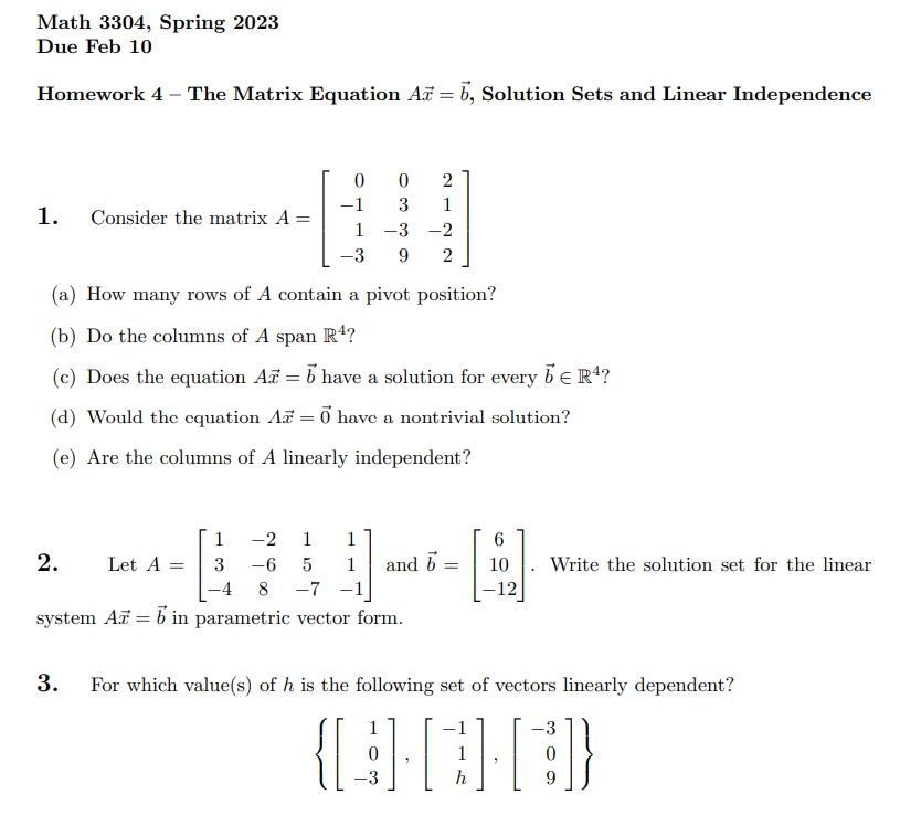 Homework 4 - The Matrix Equation Ax=b, Solution Sets | Chegg.com