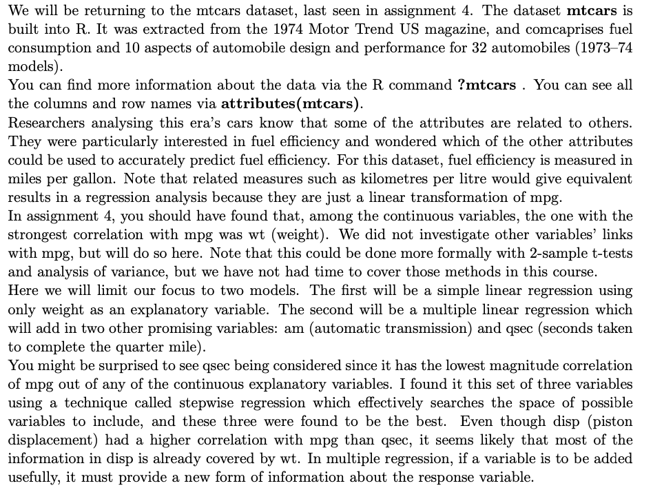 Solved We will be returning to the mtcars dataset, last seen | Chegg.com