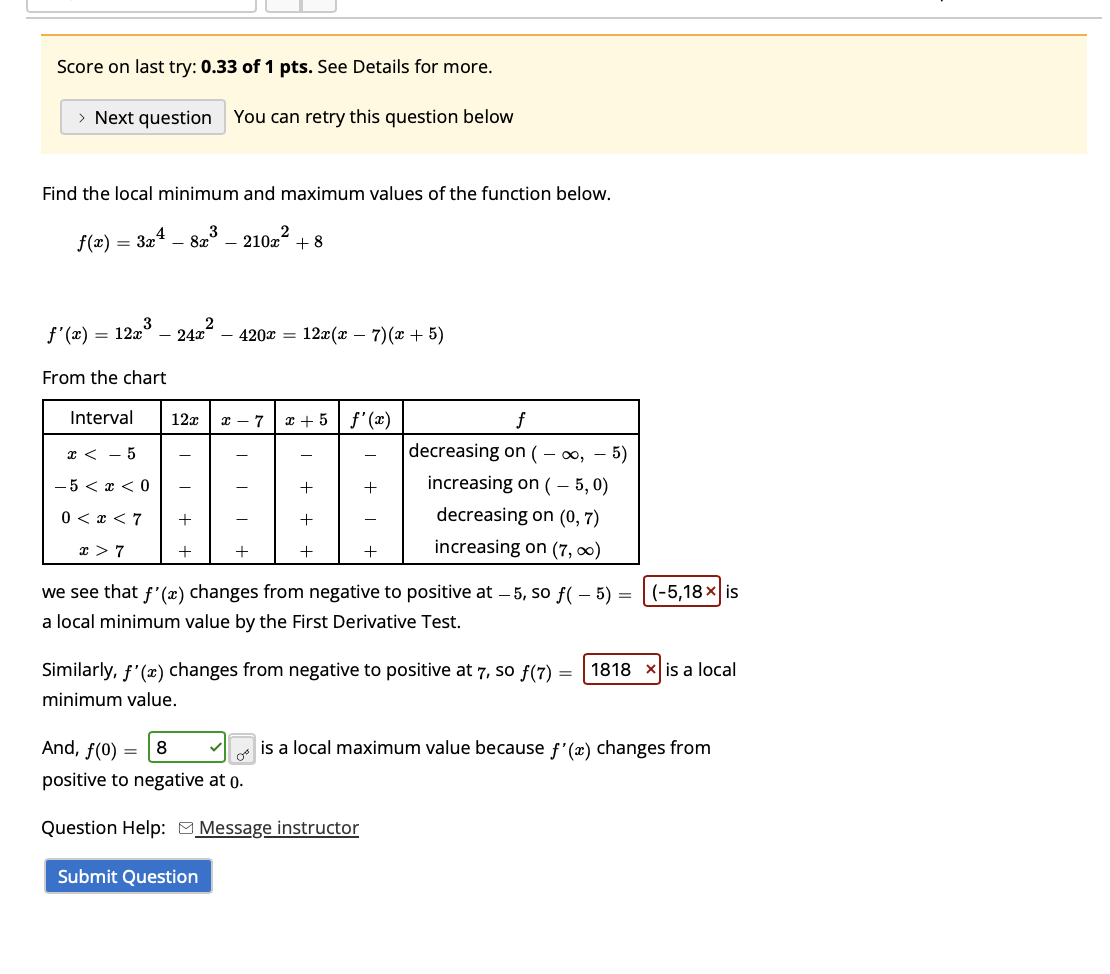 Solved Find the local minimum and maximum values of the | Chegg.com