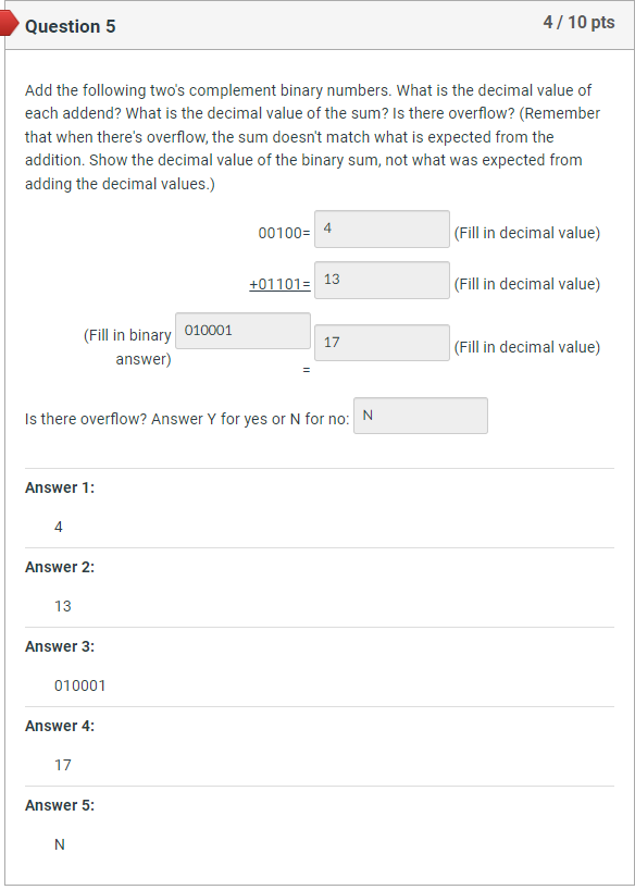 Solved Question 5 Add the following two's complement binary | Chegg.com