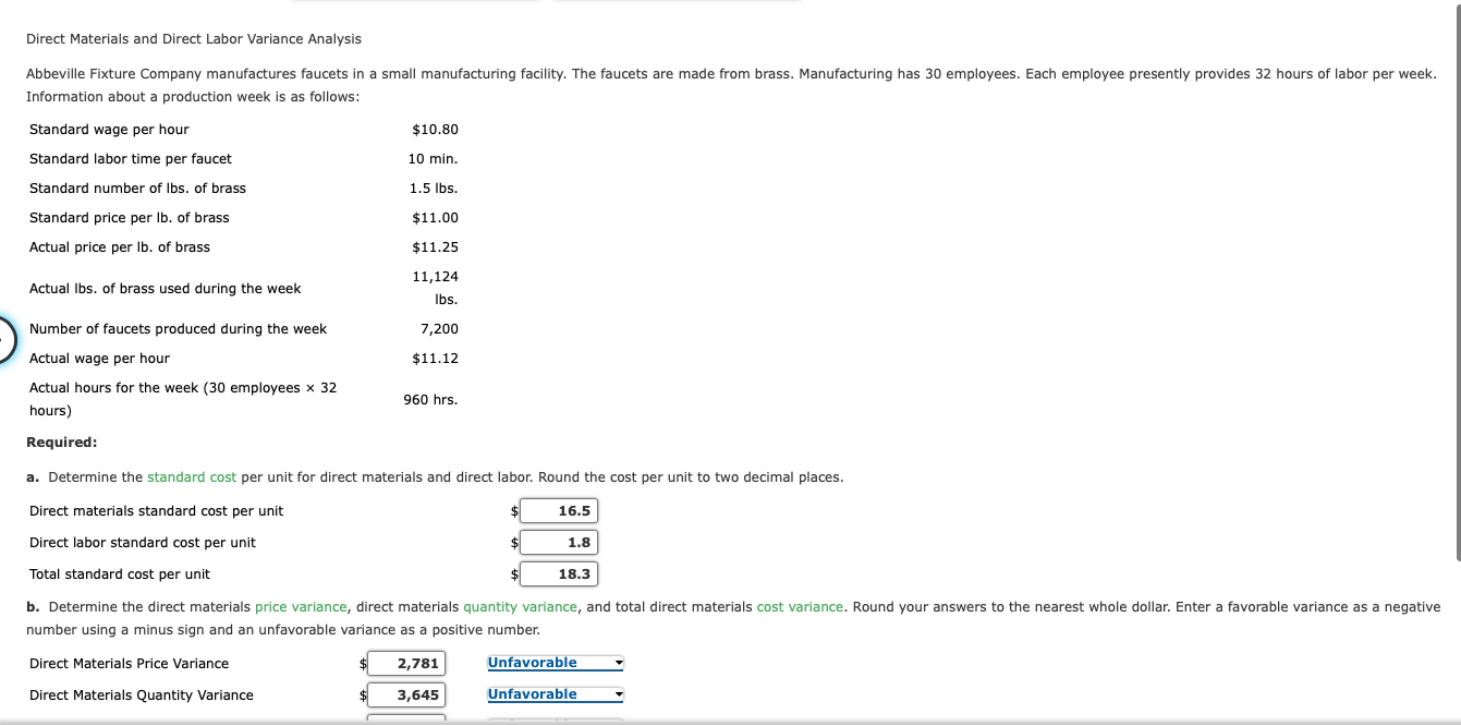 Solved Direct Materials and Direct Labor Variance Analysis | Chegg.com