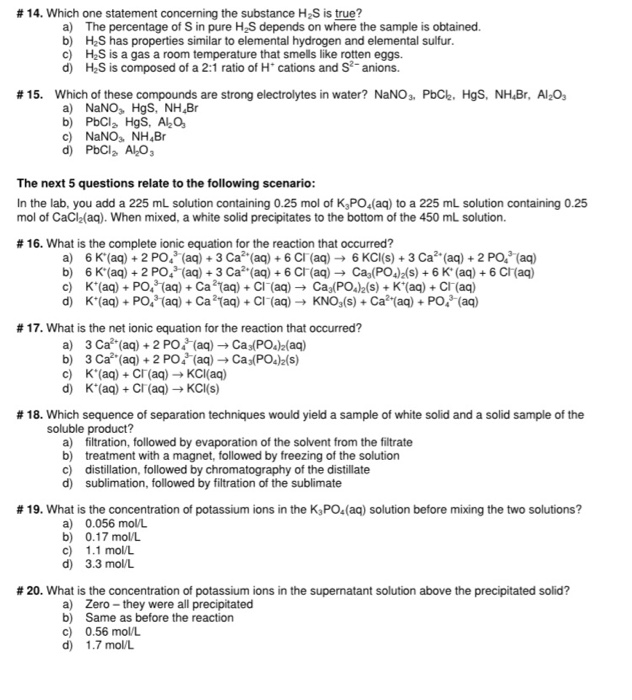 Solved #14. Which one statement concerning the substance H2S | Chegg.com