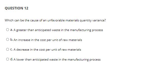 Solved QUESTION 12Which can be the cause of an unfavorable | Chegg.com