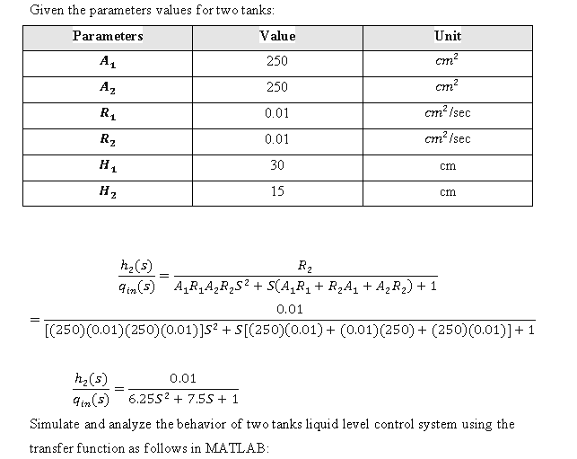 Solved Given the parameters values for two tanks: Parameters | Chegg.com