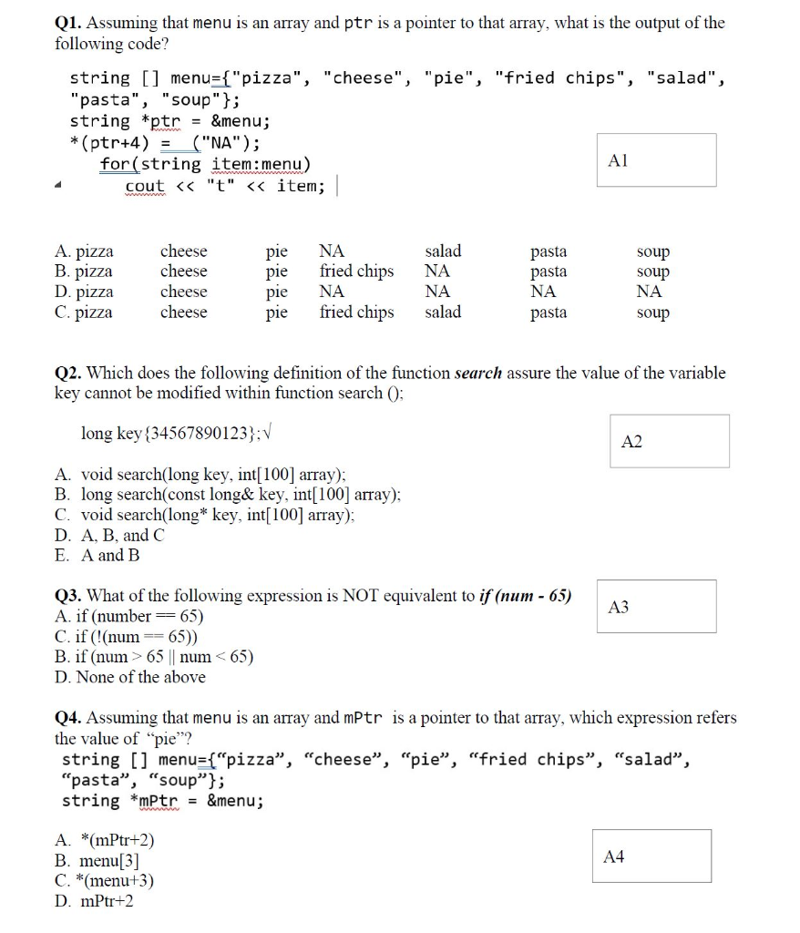Solved Q1. Assuming that menu is an array and ptr is a | Chegg.com