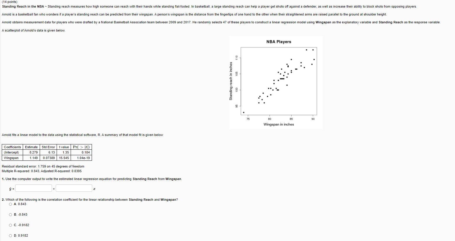 Solved (14 points) Standing Reach in the NBA - Standing | Chegg.com