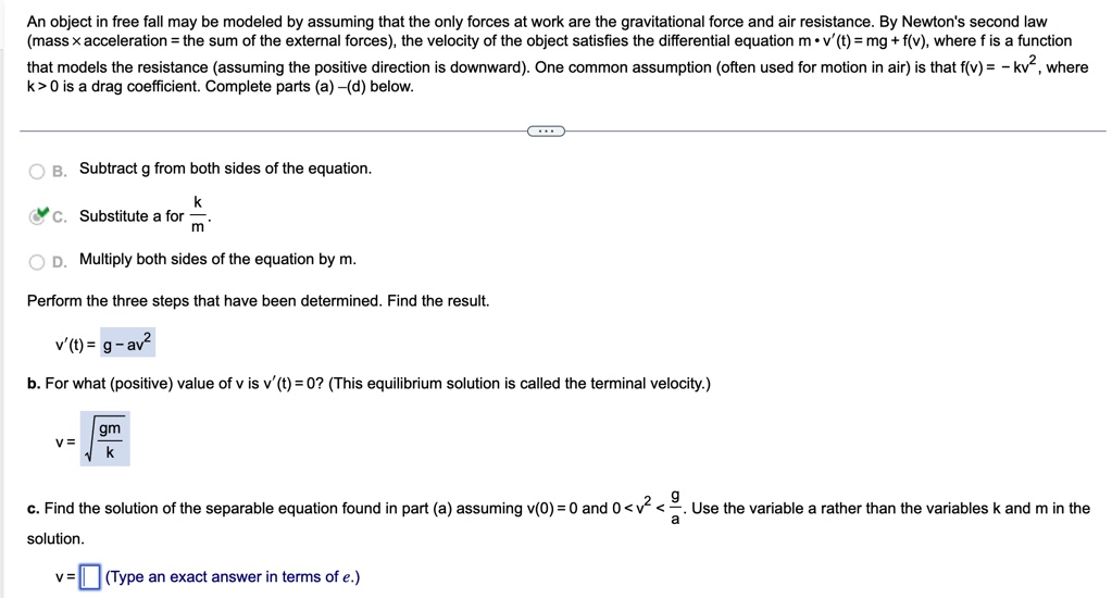 Solved An object in free fall may be modeled by assuming | Chegg.com