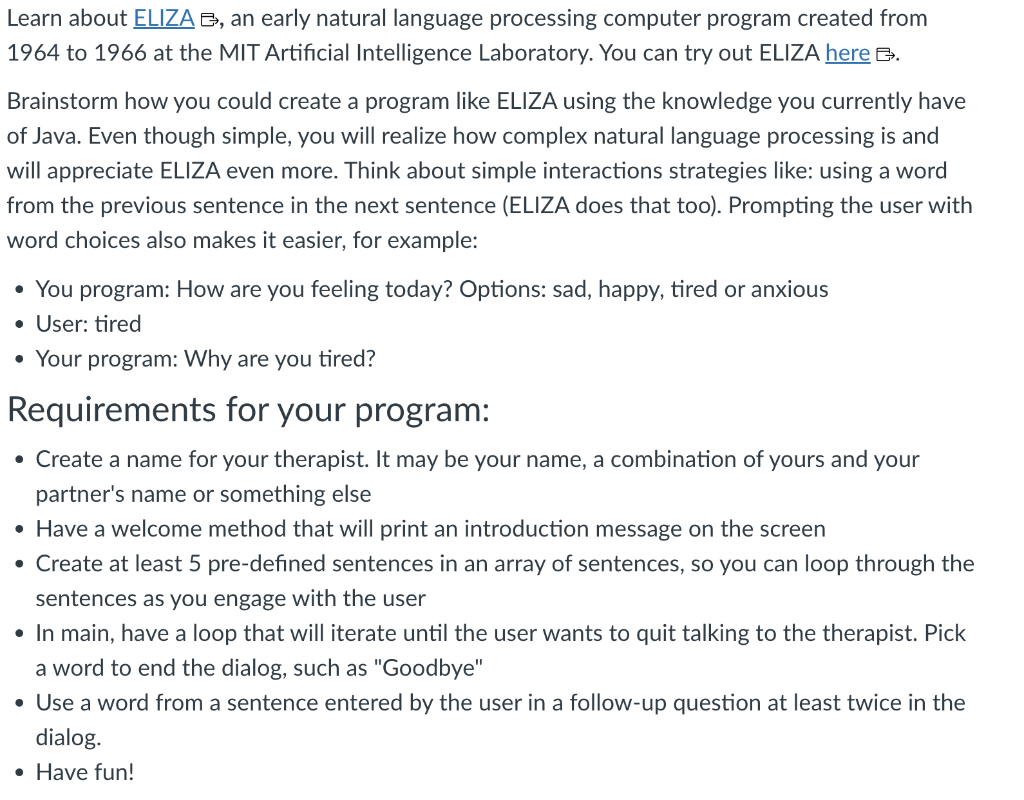 Solved Learn about ELIZA →, an early natural language | Chegg.com