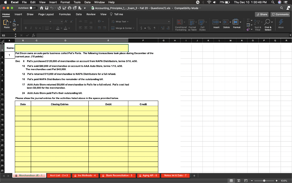 Solved A 71% Thu Dec 10 1:30:48 PM E Excel File Edit View | Chegg.com
