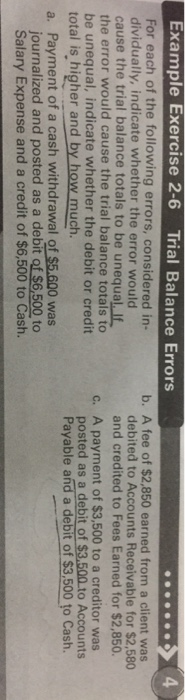 Solved Example Exercise 2-6 Trial Balance Errors 4 For each | Chegg.com