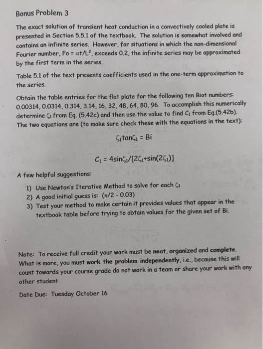 Bonus Problem 3 The exact solution of transient heat | Chegg.com