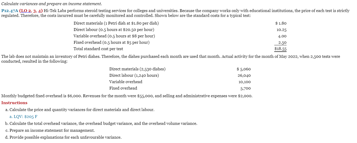 Calculate variances and prepare an income statement. | Chegg.com