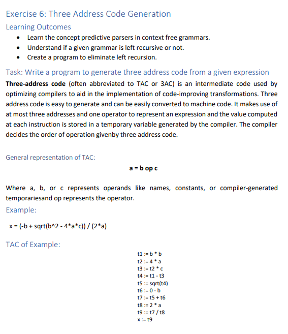 Exercise 6: Three Address Code Generation Learning | Chegg.com