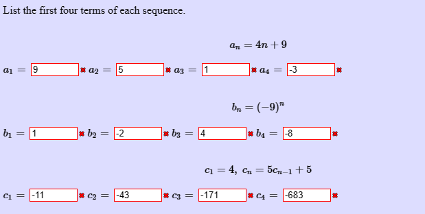 Solved List the first four terms of each sequence. a n = 4n | Chegg.com
