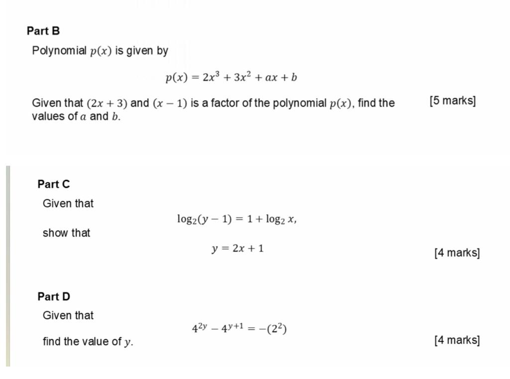 Solved Part B Polynomial p(x) is given by p(x)=2x3+3x2+ax+b | Chegg.com