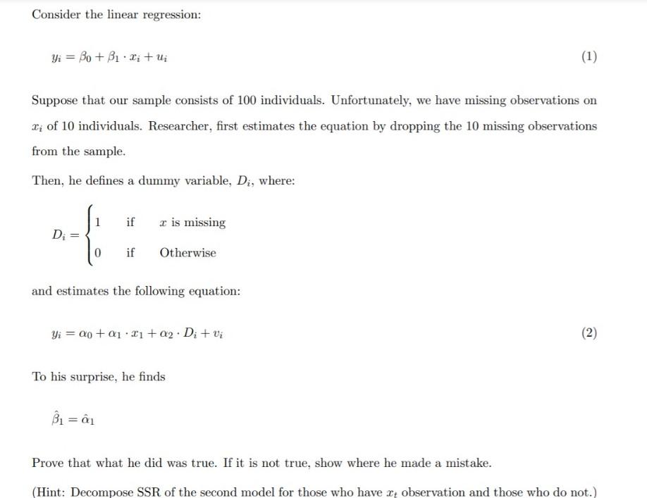 Solved Consider the linear regression: Yi = Bo + Biti+ui | Chegg.com