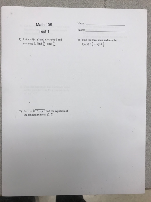 Solved Name: Math 105 Test 1 Let z-f(x, y) and x - r sec 0 | Chegg.com