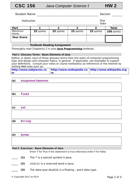 Solved HW 1 Section Due CSC 156 Java Computer Science I | Chegg.com