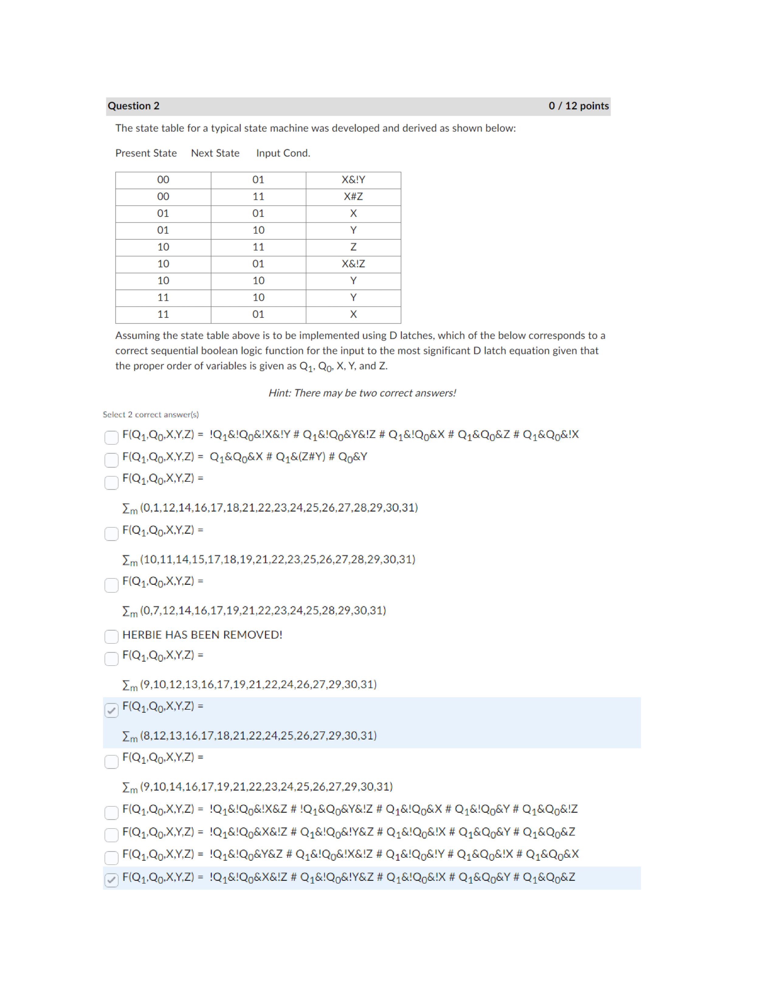 Question 2The state table for a typical state machine | Chegg.com
