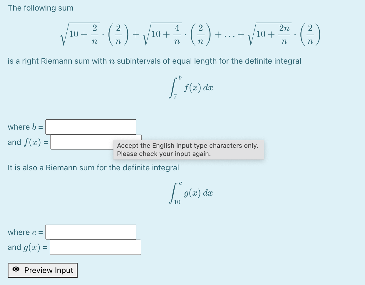 Solved The following sum 10+n2⋅(n2)+10+n4⋅(n2)+…+10+n2n⋅(n2) | Chegg.com