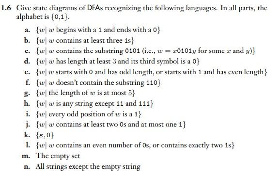 Solved 1.6 Give state diagrams of DFAs recognizing the | Chegg.com