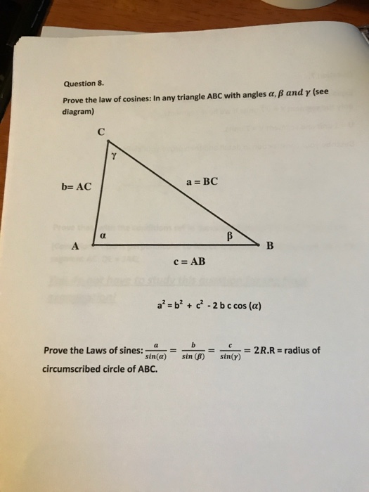 Solved Prove the law of cosines: In any triangle ABC with | Chegg.com