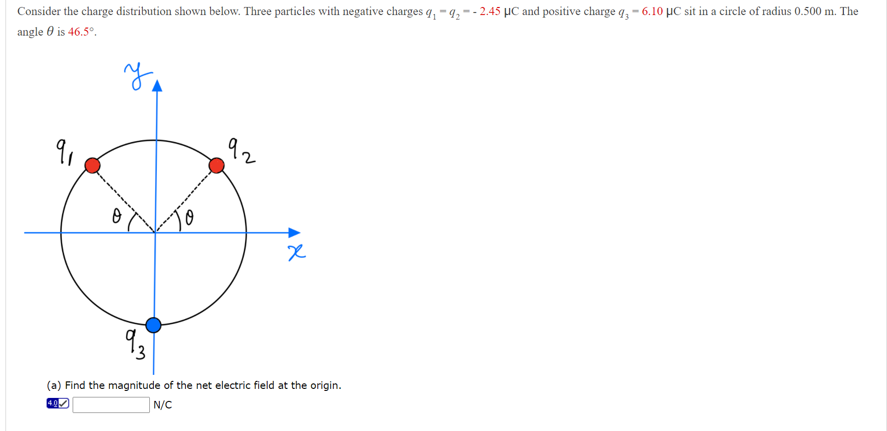 Solved (b) Find the angle that the net electric field at the | Chegg.com