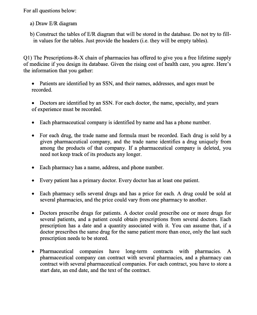 Solved For all questions below: a) Draw E/R diagram b) | Chegg.com