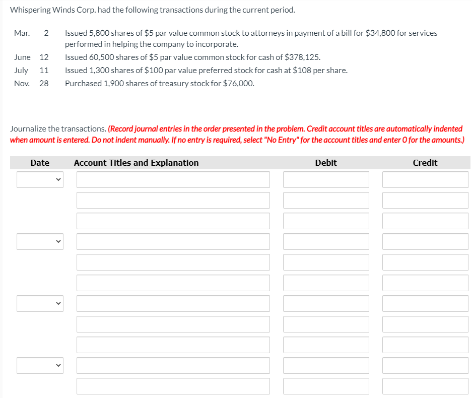 Solved Whispering Winds Corp. had the following transactions | Chegg.com