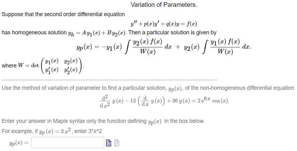 Solved Variation of Parameters. Suppose that the second | Chegg.com