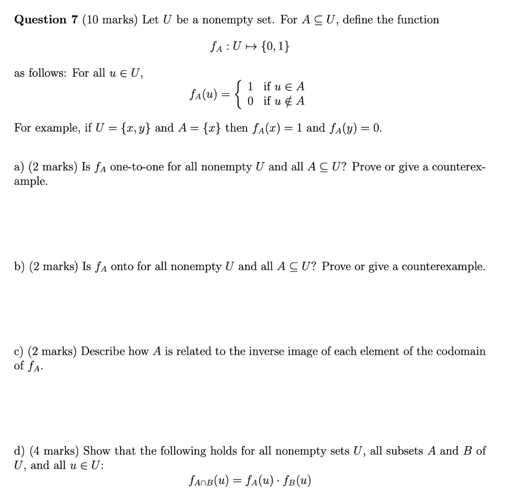 Solved Question 7 (10 marks) Let U be a nonempty set. For A | Chegg.com