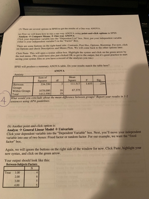 Solved Using SPSS to run a One-Way ANOVA&Individual | Chegg.com