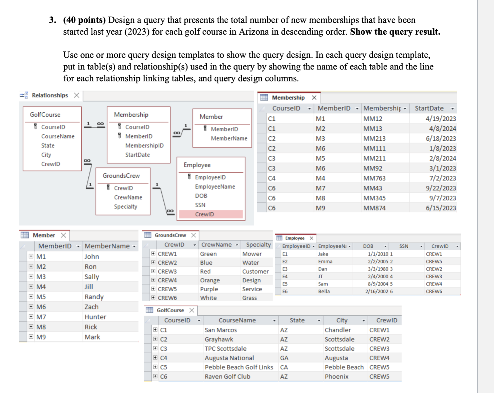 Solved 3. (40 points) Design a query that presents the | Chegg.com Solved 3. (40 points) Design a query that presents the | Chegg.com