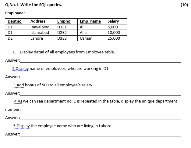 Solved (10) Q.No.1. Write the SQL queries. Employee: Deptno | Chegg.com