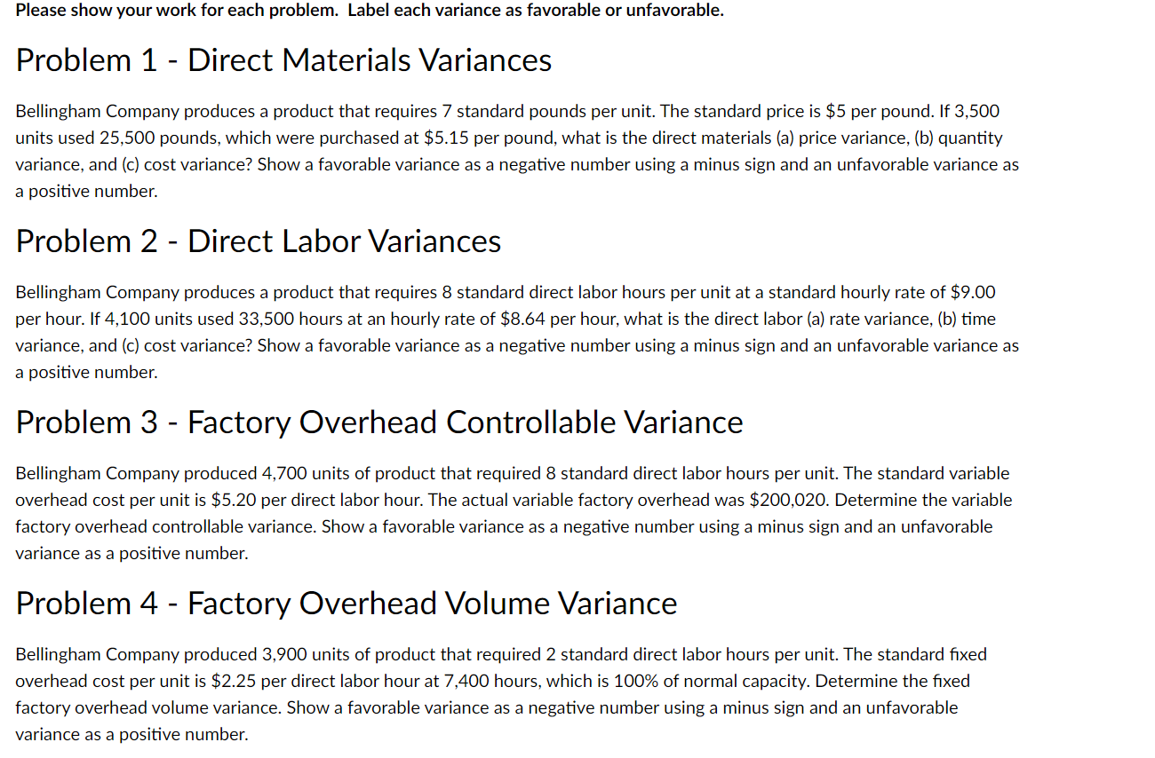 Solved Problem 1 - Direct Materials Variances Bellingham | Chegg.com