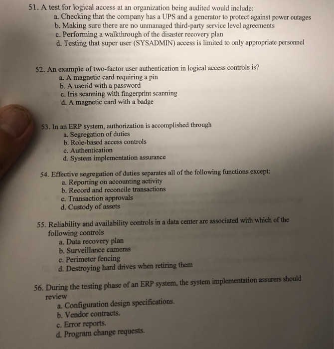 Solved 51. A test for logical access at an organization | Chegg.com