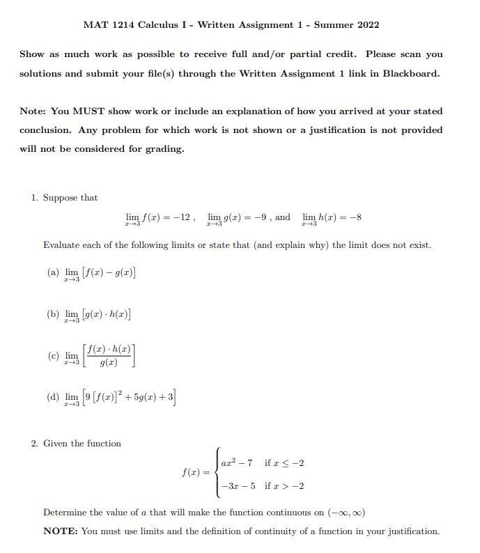 Solved MAT 1214 Calculus I - Written Assignment 1 - Summer | Chegg.com