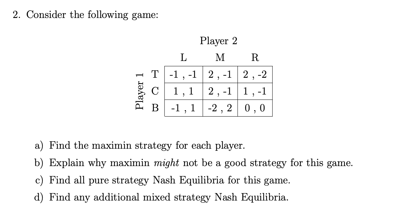 Solved Consider the following game: {table is in image | Chegg.com