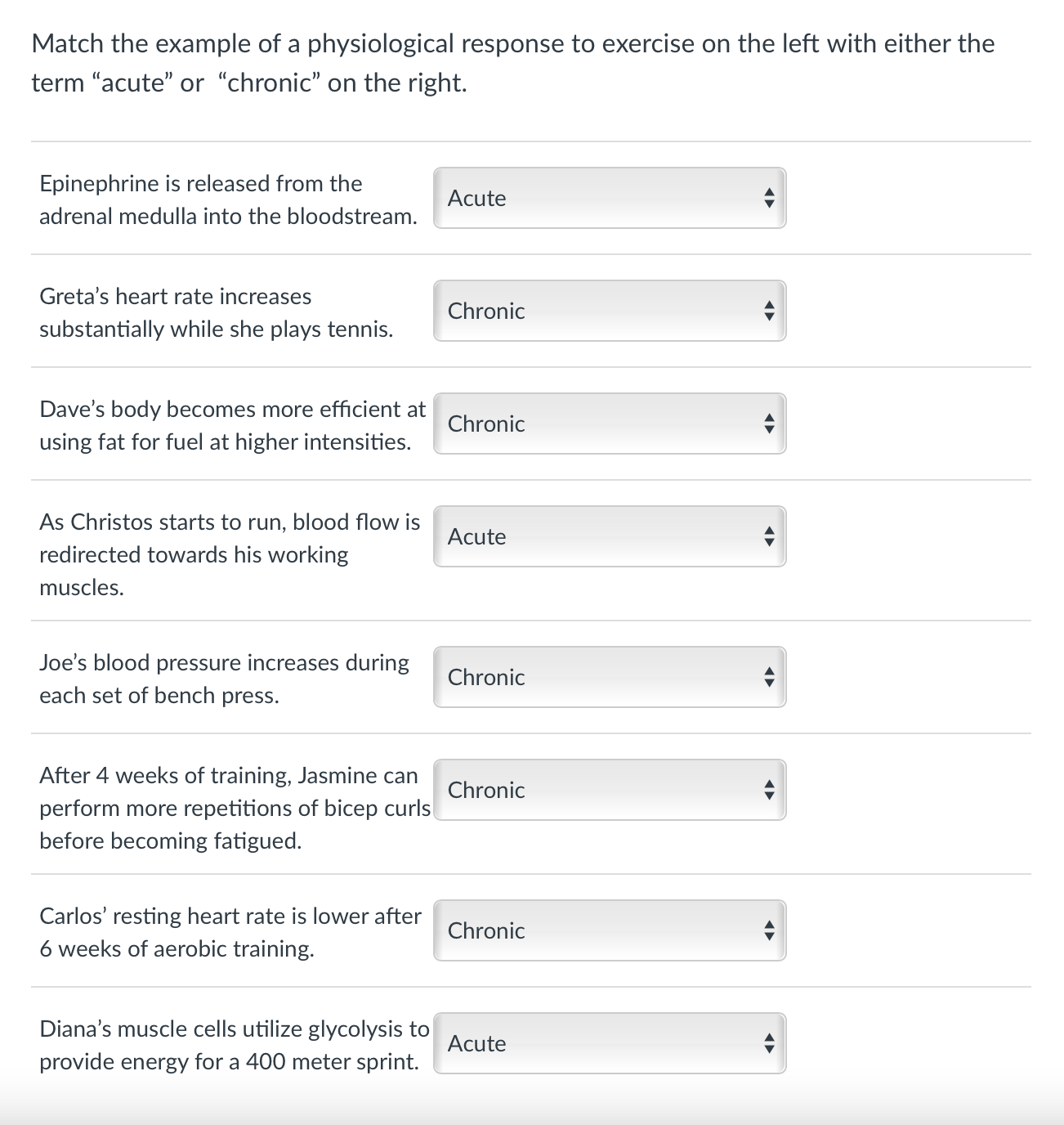 Solved Match the example of a physiological response to | Chegg.com